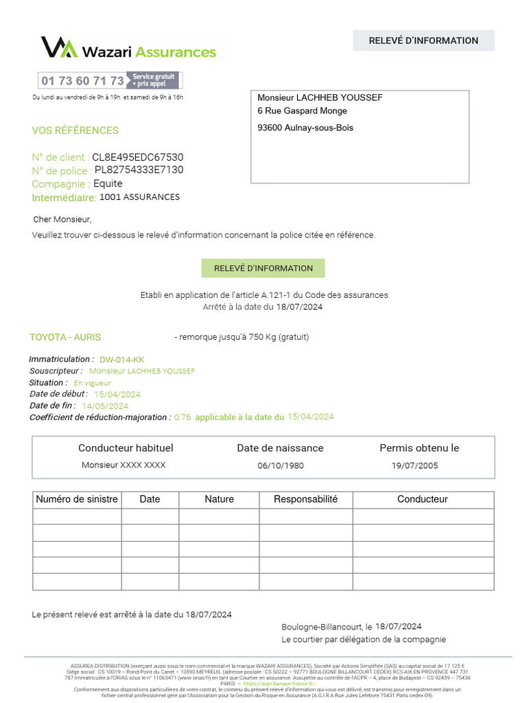Relevé d'information assurance Wazari | PDF | Assurance | Risque financier