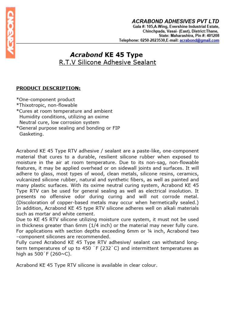 Acrabond KE 45 RTV Silicone Sealant | PDF | Adhesive | Silicone
