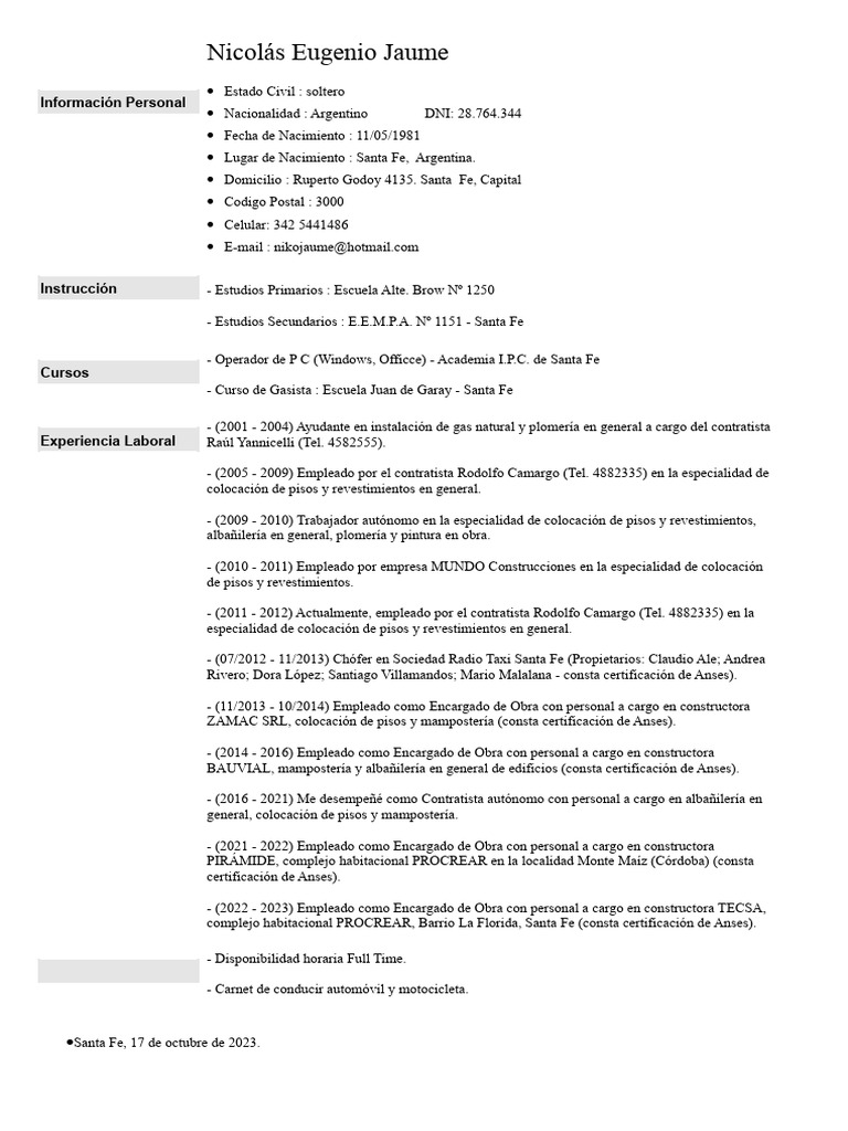 2023-10-18 Nicolas Jaume Curriculum | PDF | Argentina