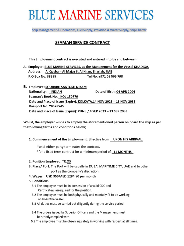 Nikam Seaman Service Contract | PDF | Employment | Salary