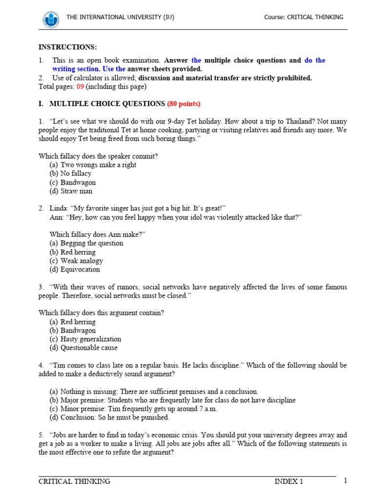 Final Exam - Critical Thinking S1 - 2014-2015 - INDEX 1 | PDF | Fallacy ...