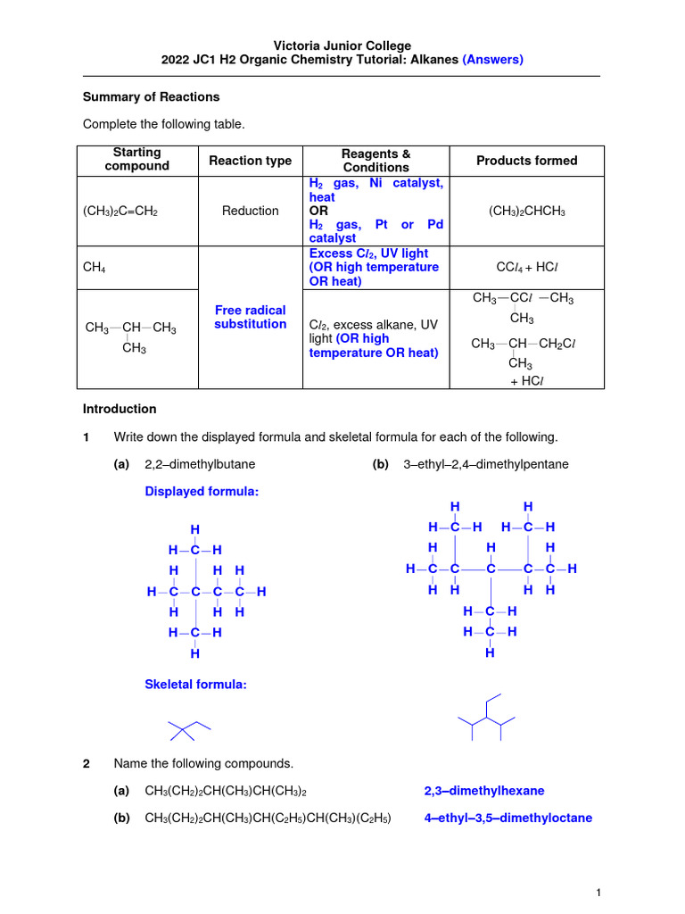 Alkanes Tutorial Supplementary Qns Ans Pdf Alkane Chlorine