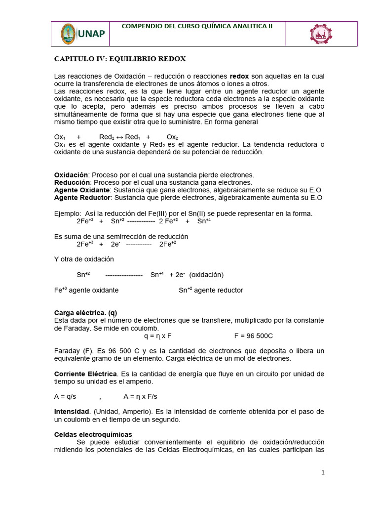 Capitulo IV Equilibrio Oxidación - Reducción FIQ - 2024-I | PDF | Redox | Electrodo