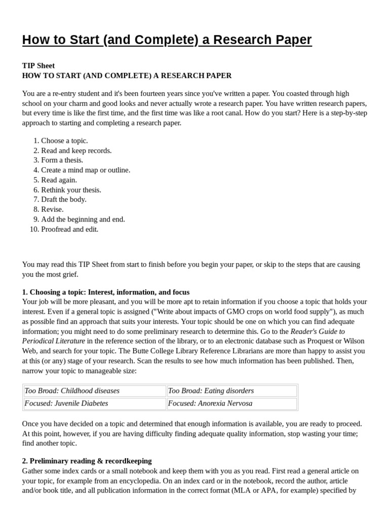 How To Start and Complete A Research Paper TIP Sheet Butte College ...