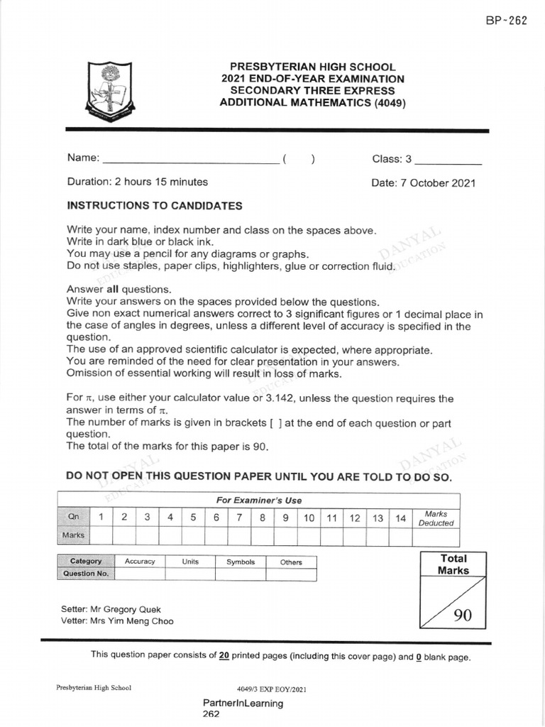 Presbyterian High School A Math Sec 3 EOY 2021 | PDF | Exponential ...