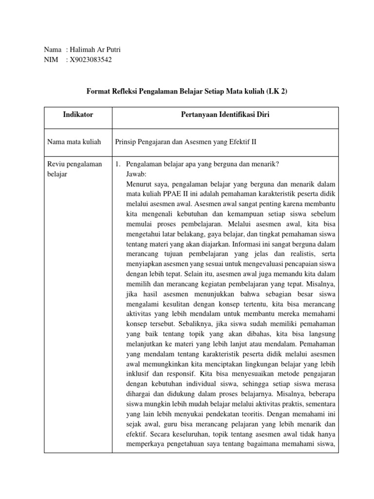 Jurnal Refleksi_Halimah AP_Prinsip Pengajaran Dan Asesmen Efektif II | PDF