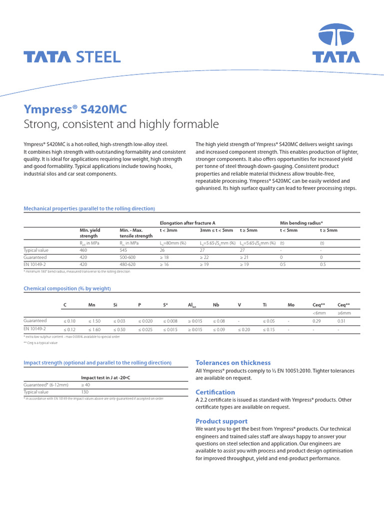 Tata Steel Engineering Ympress s420mc High Strength Steel Datasheet en ...