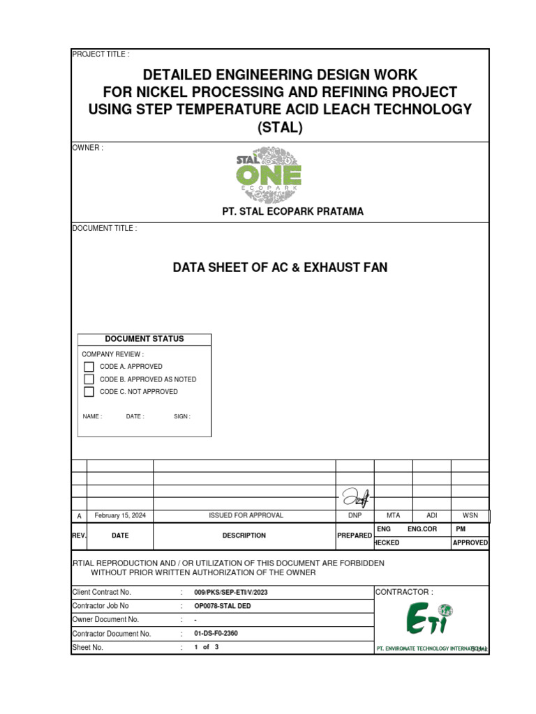 AC & Exhaust Fan Data Sheet for Nickel Project | PDF | Alternating ...