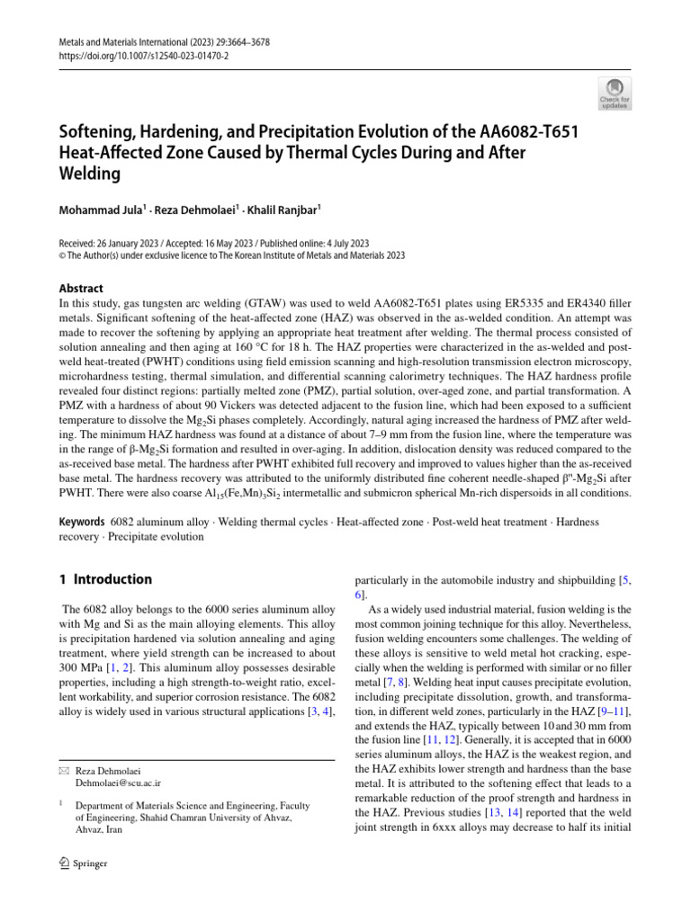 Softening, Hardening, and Precipitation Evolution of The AA6082 T651 Heat Affected Zone Caused ...