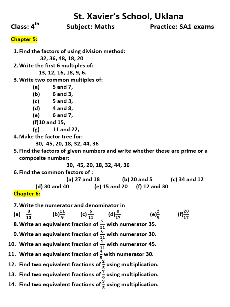 Class 4 Practice Chapter 5, 6 Revision Worksheet | PDF | Elementary ...