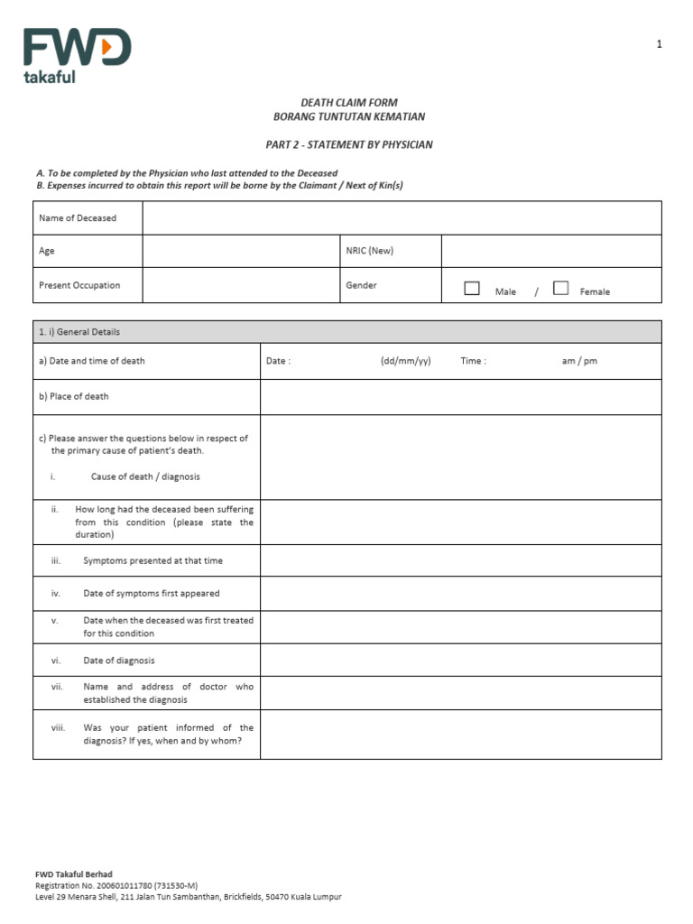 Death Claim Form (Part 2 - Attending Physician's Report) | PDF