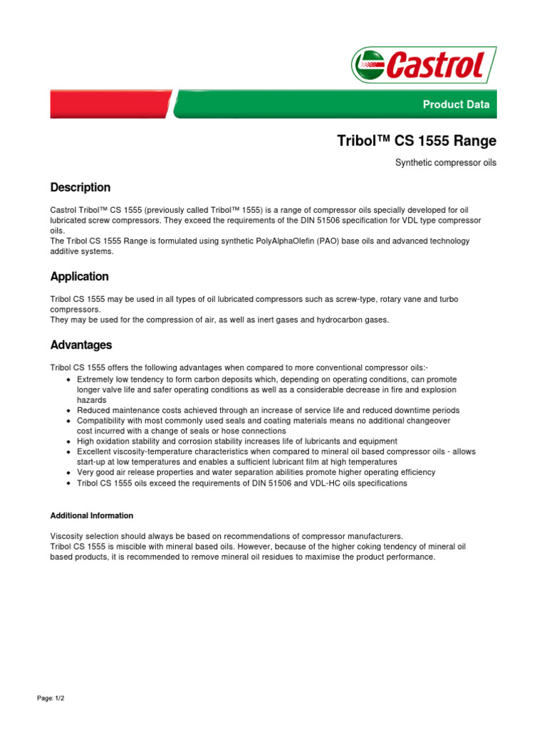 Castrol Tribol CS 1555 Range | PDF | Lubricant | Oil