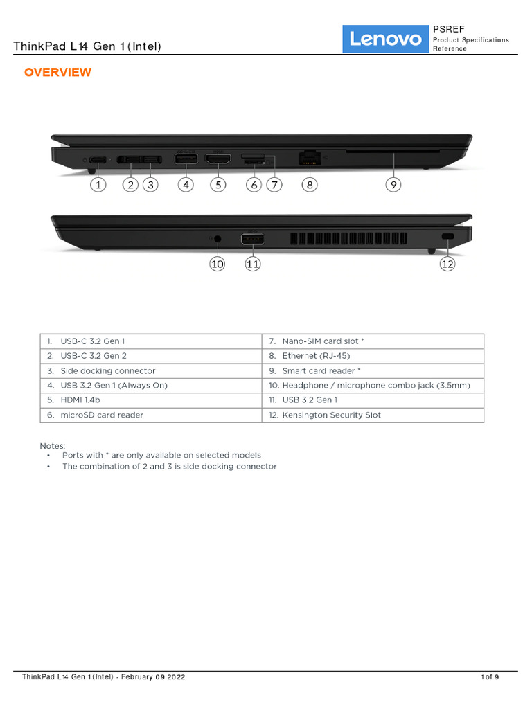 ThinkPad L14 Gen 1 Intel Spec | PDF | Usb | Solid State Drive