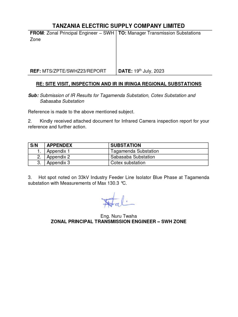 Infrared Inspection Report for Iringa Substations | PDF
