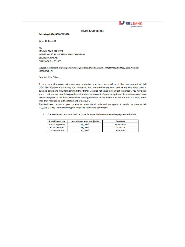 RBL Settlement Letter | PDF