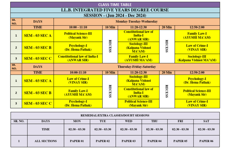 LL.B. 5-Year Course Timetable 2024 | PDF