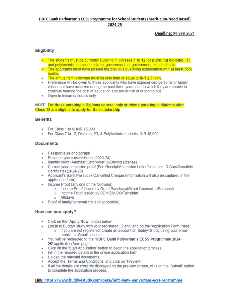 HDFC Bank Parivartan's ECSS Programme For School Students (Merit-cum ...