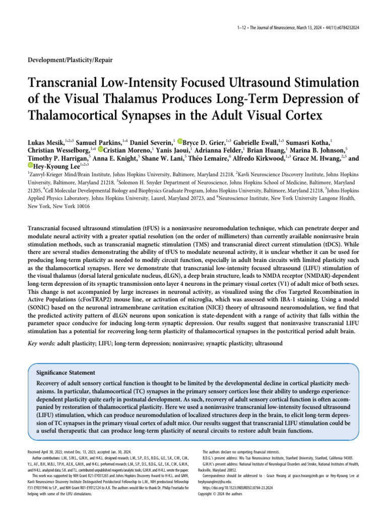 Transcranial Low-Intensity Focused Ultrasound Stimulation of The Visual Thalamus Produces Long ...