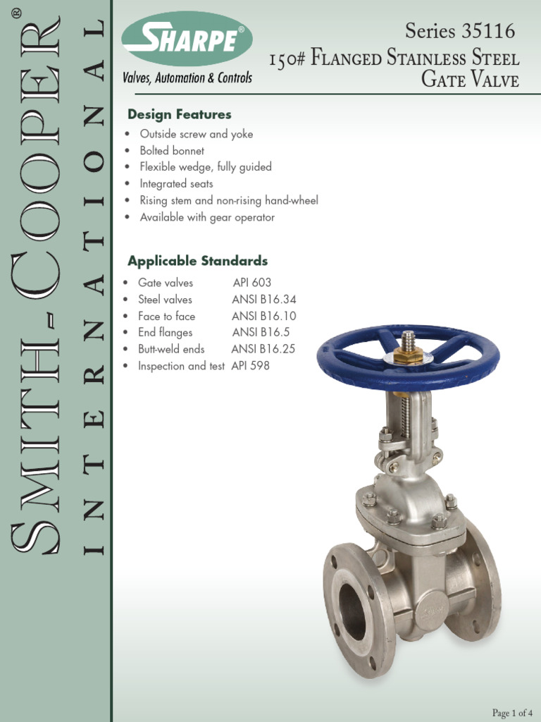 Flanged Gate Valve Spec Sheet Sharpe - Valves | PDF | Valve | Screw