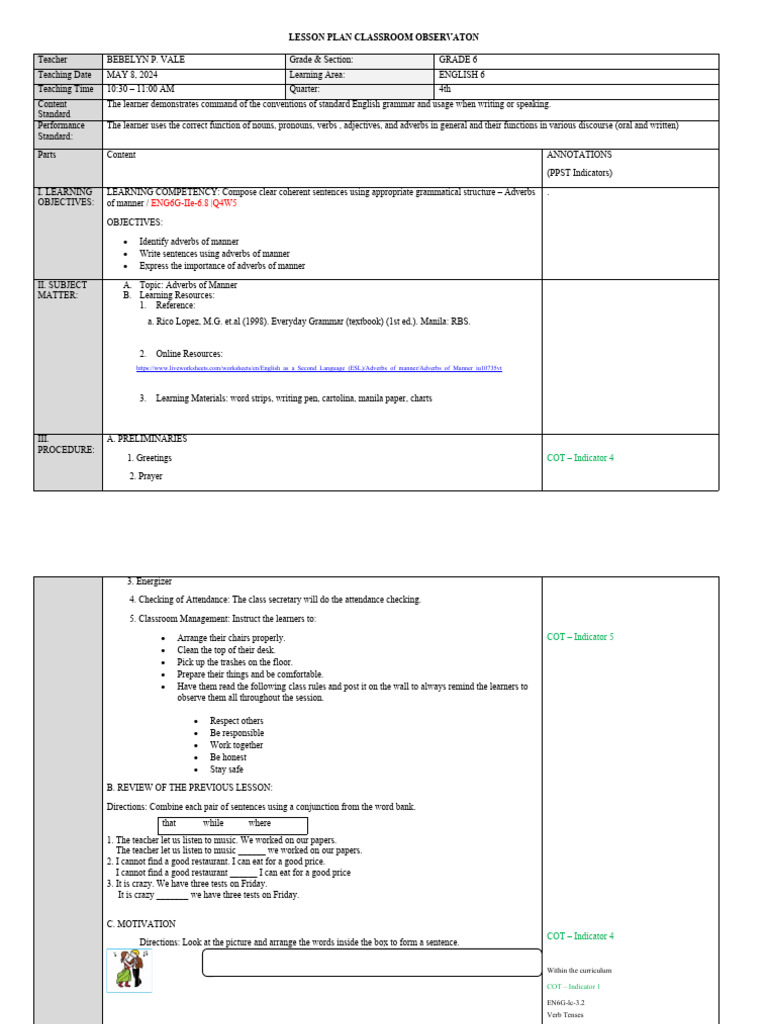Lesson Plan Grade 6 | PDF | Adverb | Linguistics