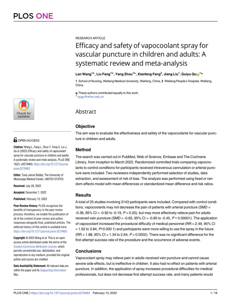 Efficacy and Safety of Vapocoolant Spray For Vascu | PDF | Systematic ...