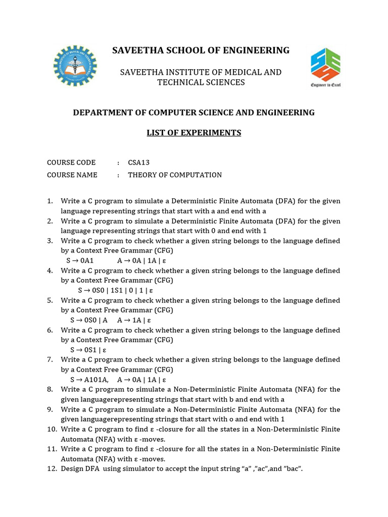 CSA13 List of Experiments - 40 | PDF | Theoretical Computer Science | Theory Of Computation