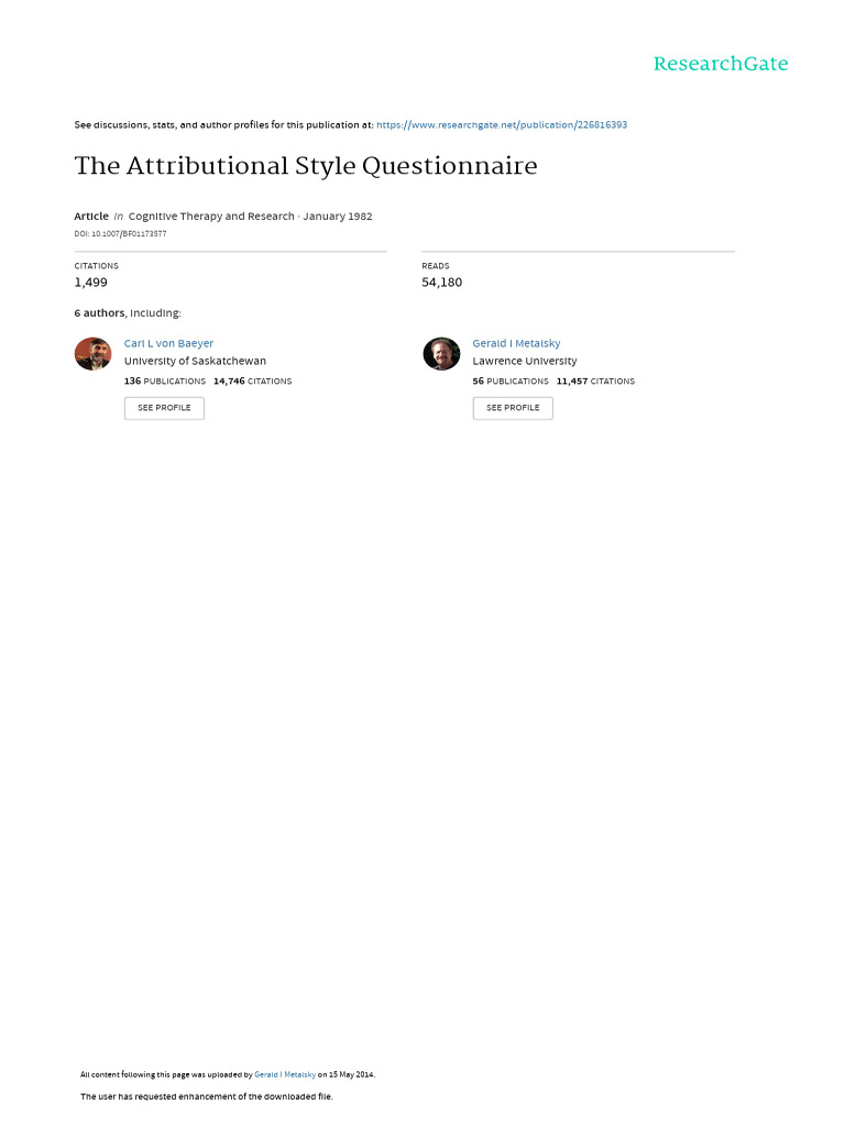 The Attributional Style Questionnaire | PDF | Psychology | Behavioural ...