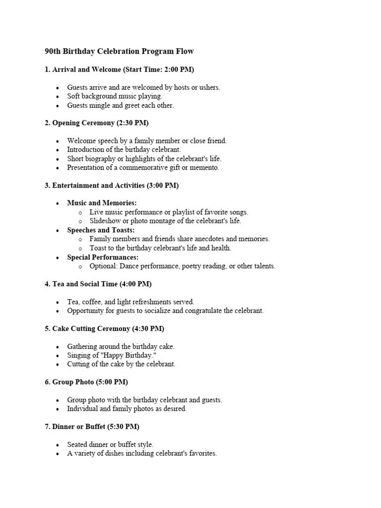 90th Birthday Celebration Program Flow and Script | PDF | Birthdays