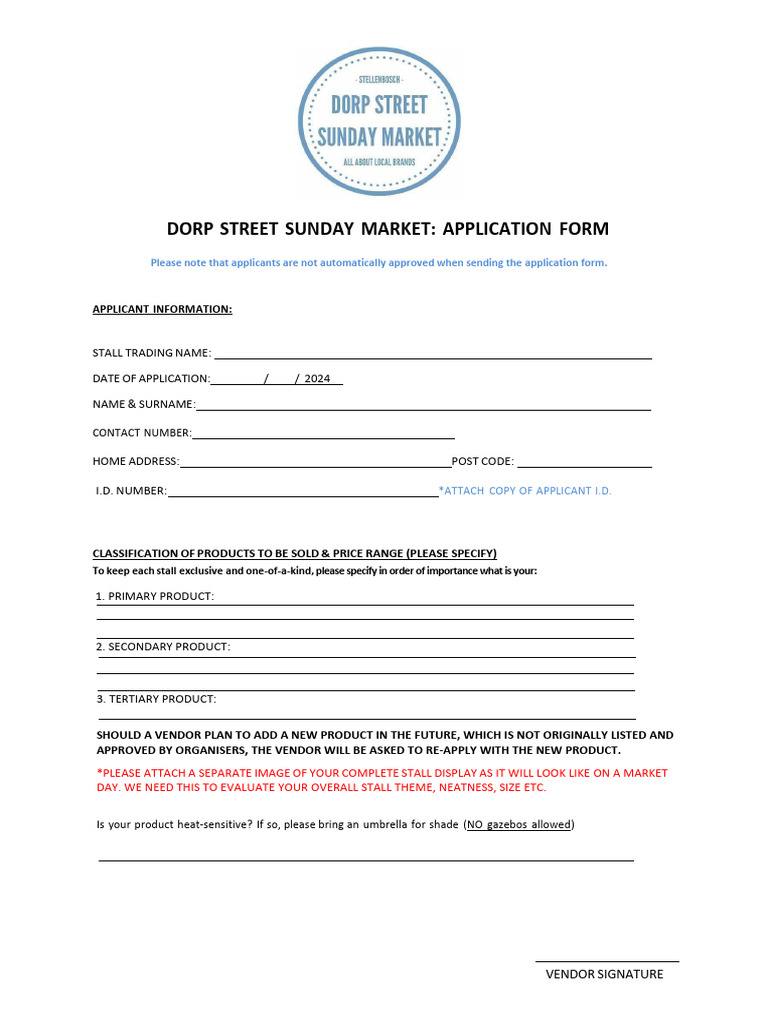 2024 DORP STREET SUNDAY MARKET - Application Form | PDF | Weather