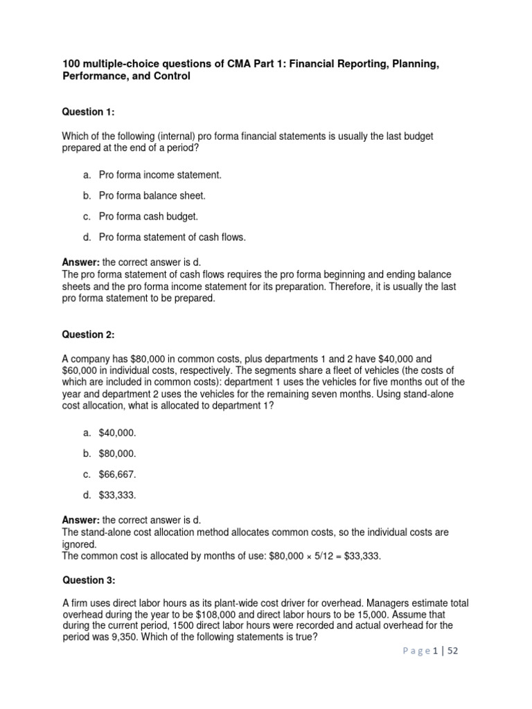 CMA Part 1 Exam Practice | PDF | Pro Forma | Business