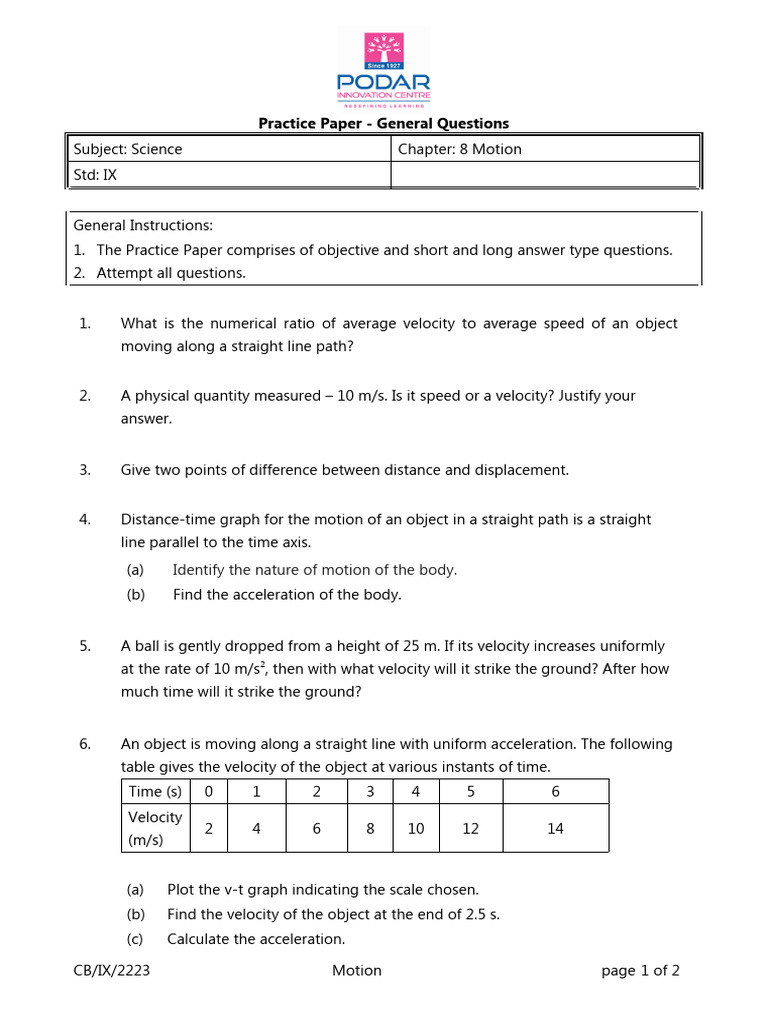 CB - IX - Science - CH 8 Motion - General Qs | PDF | Acceleration | Velocity