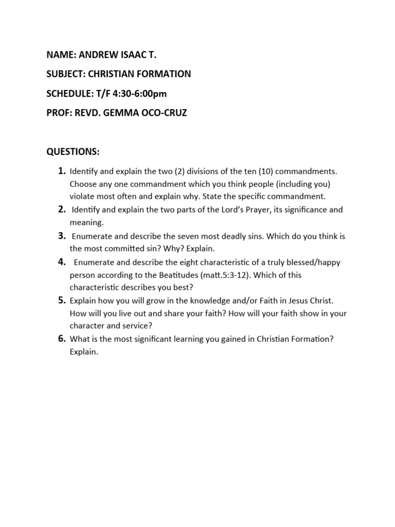 Christian Formation Assignment | PDF | Lord's Prayer | Prayer