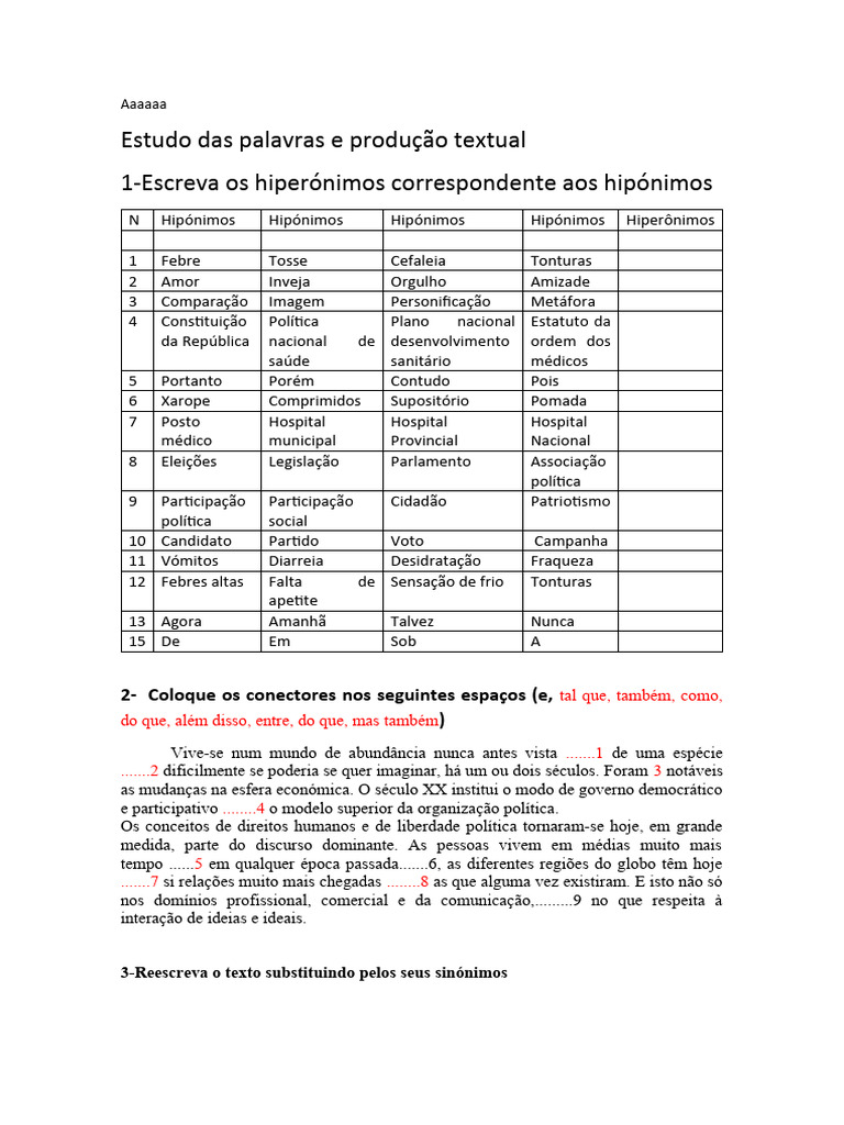 Exercícios Número II Estudo Das Palavras e Progressão Textual | PDF ...