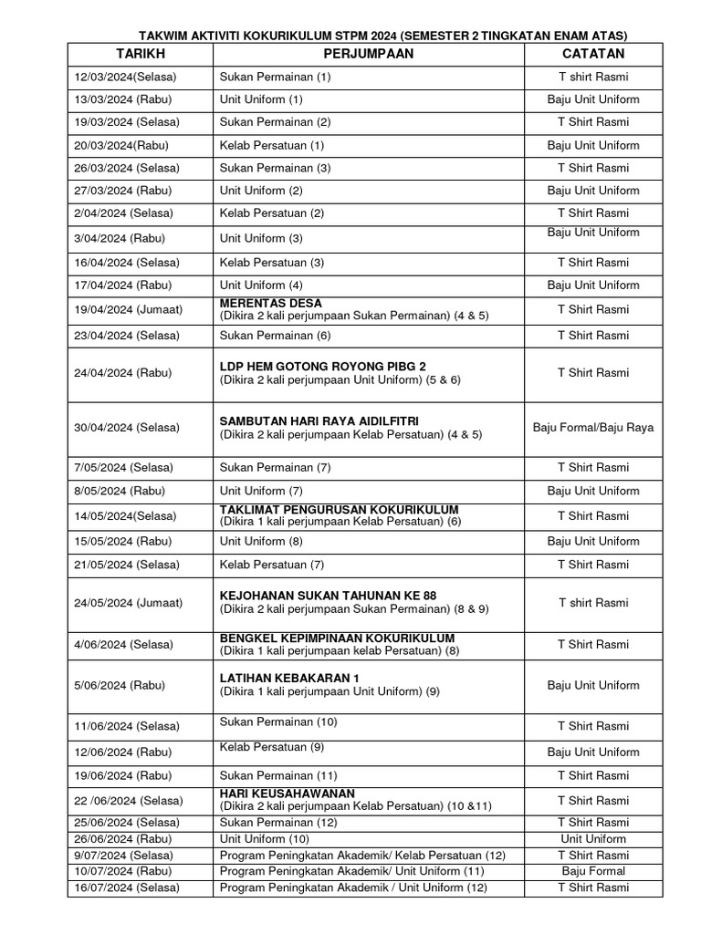 Takwim Aktiviti Kokurikulum STPM 2024 | PDF