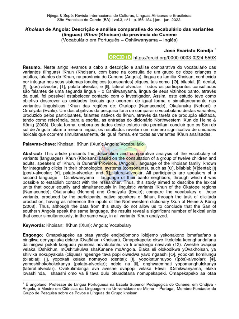 Vocabulário !Khun: Análise Comparativa | PDF | Angola | Linguística