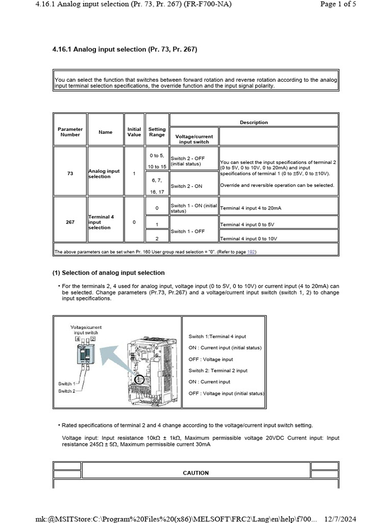 Como seleccionar para 4 a 20 mA Parametros en el Variador FR F720 | PDF | Power Supply | Switch