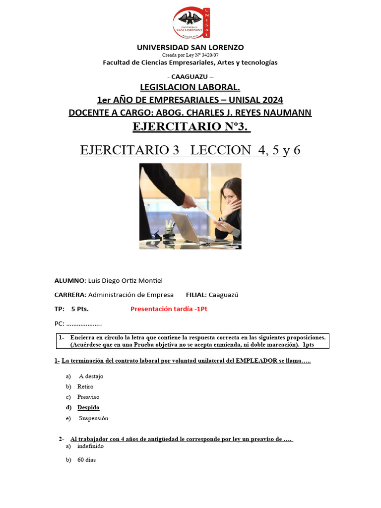 TAREA - Ejercitario 3 Legislacion Laboral 2024 Luis | PDF | Derecho laboral | Justicia