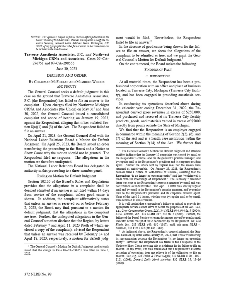 Board Decision-Traverse Anesthesia Associates | PDF | Unfair Labor ...