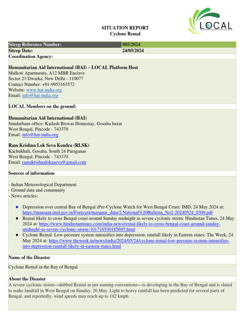 LOCAL-Sitrep - Cyclone Remal - 24 May 2024 - 005-2024 | PDF | Rain ...