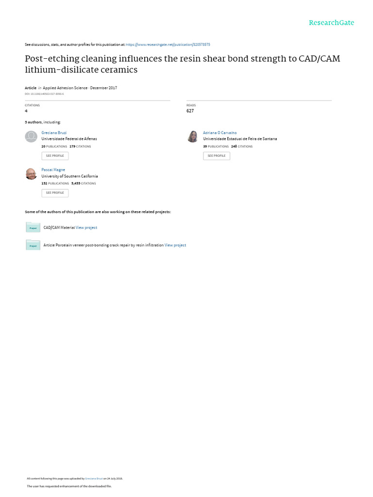 ADHESIÓN. Magne Post Etching Cleaning Influences The Resin Shear Bond ...