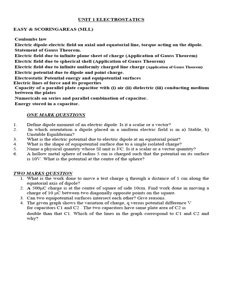 Key Electrostatics Questions for Class 12 | PDF | Electric Field | Capacitor