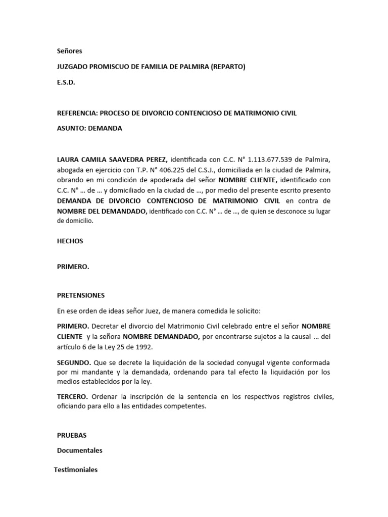 Minuta - Demanda de Divorcio Contencioso | PDF Minuta - Demanda de Divorcio Contencioso | PDF