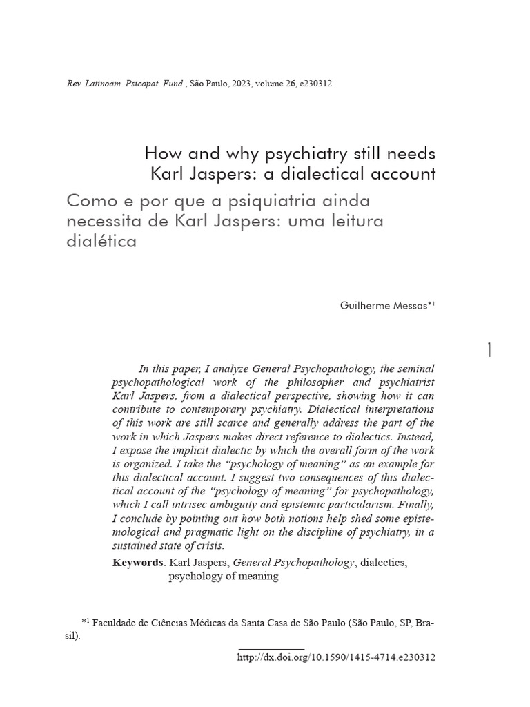 How and Why Psychiatry Still Needs Karl Jaspers: A Dialectical Account ...