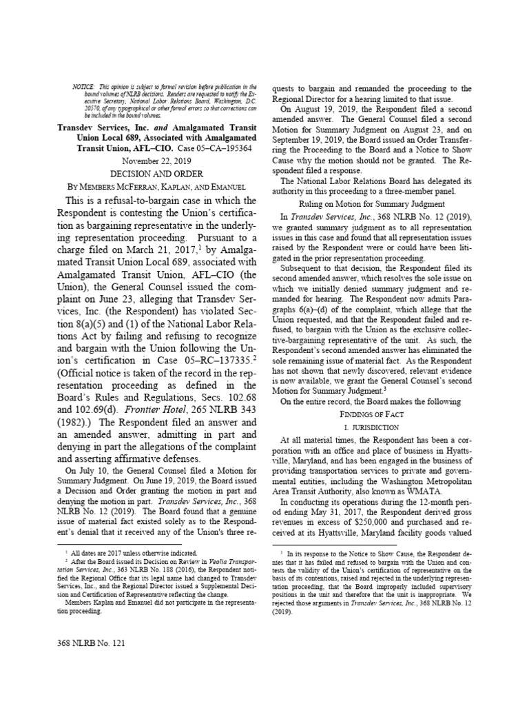 Board Decision-Transdev Services Inc | PDF | National Labor Relations ...