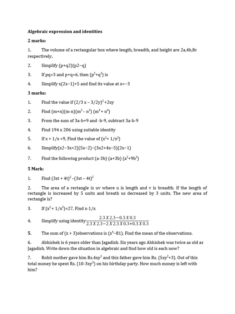 Algebraic Expression and Identities | PDF | Area | Volume