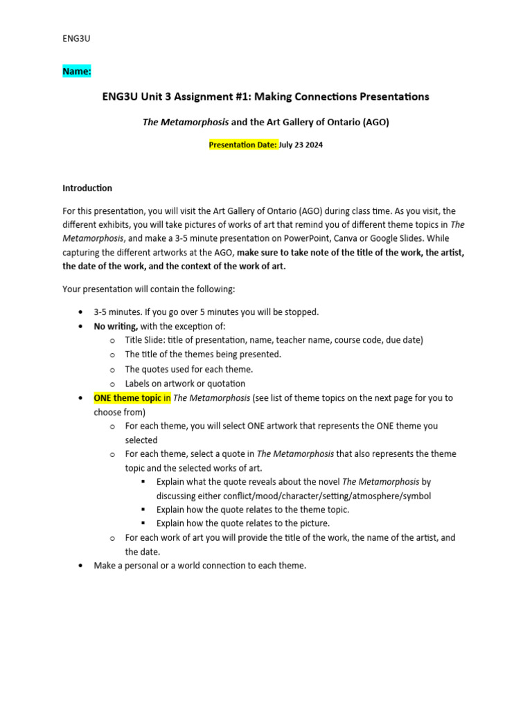ENG3U Unit 3 Metamorphosis AGO Making Connections Presentation | PDF | Knowledge | Understanding