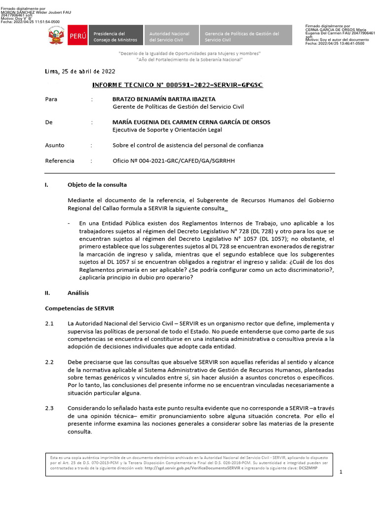 Informe Tecnico 591-2022 (Control de Asistencia Personal Confianza) | PDF | Regulación ...