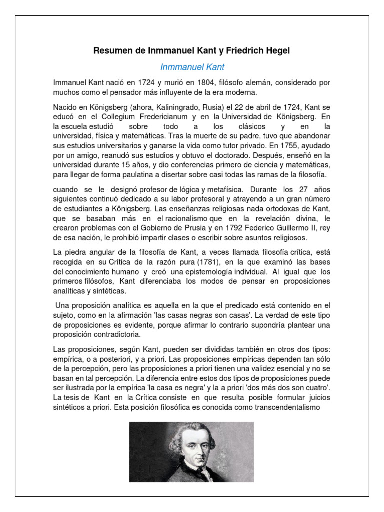 Resumen de Inmmanuel Kant y Friedrich Hegel (Filosofia) | PDF | Immanuel Kant | Georg Wilhelm ...