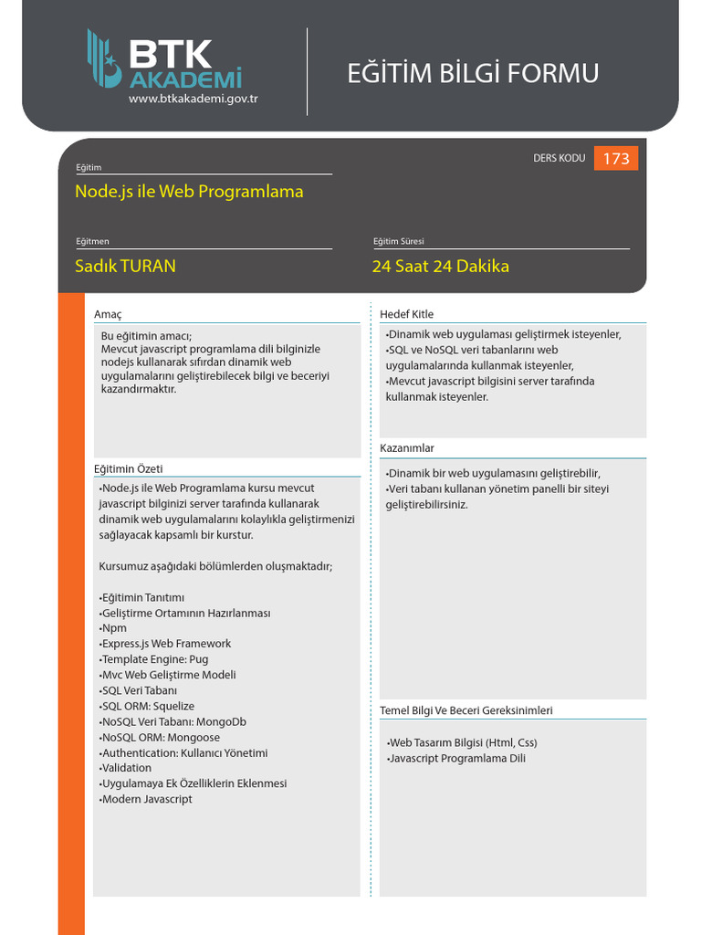 Node - Js Ile Web Programlama Egitimi Bilgi Formu | PDF