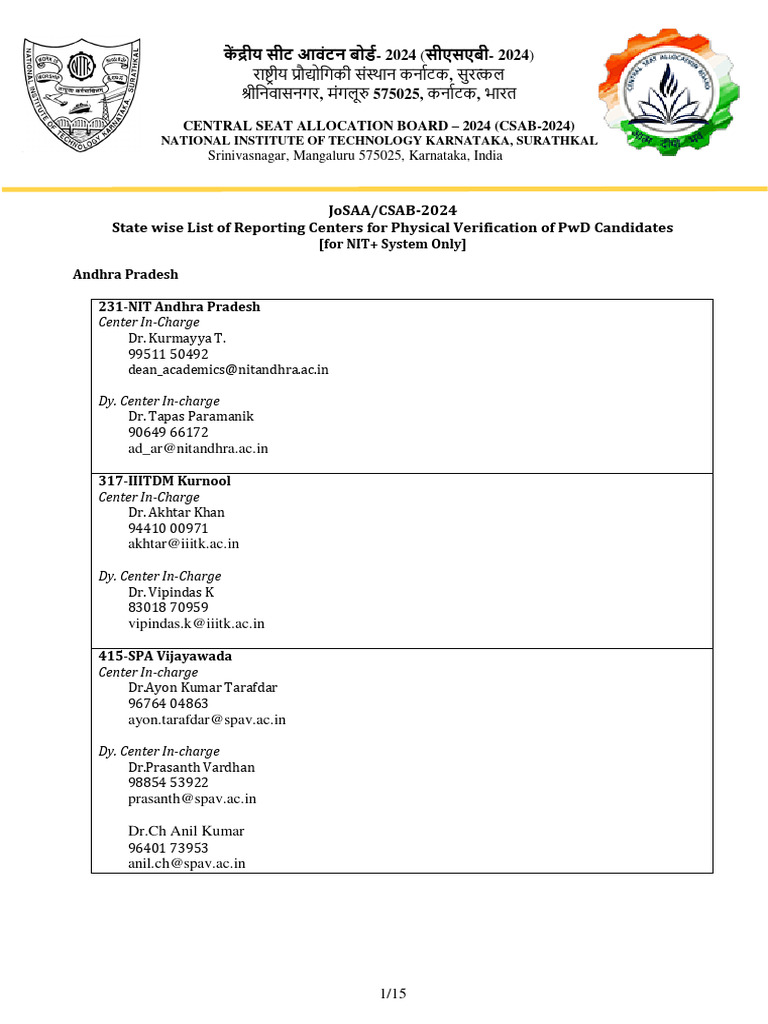 Central Seat Allocation Board - 2024 (Csab-2024) : National Institute ...